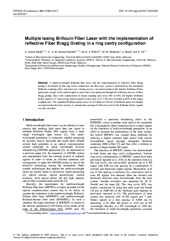 (PDF) Multiple lasing Brillouin Fiber Laser with the implementation of reflective Fiber Bragg ...