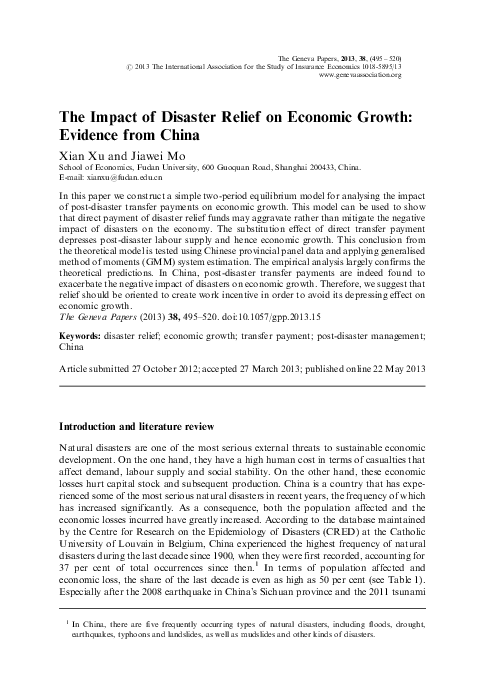 (PDF) The Impact of Disaster Relief on Economic Growth: Evidence from China