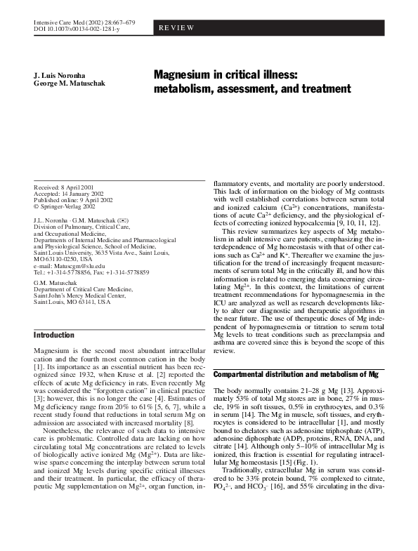 (PDF) Magnesium in critical illness: metabolism, assessment, and treatment