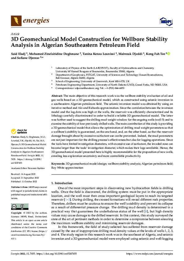 (PDF) 3D Geomechanical Model Construction for Wellbore Stability Analysis in Algerian ...