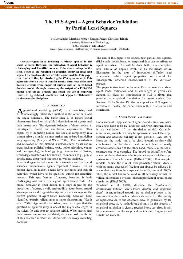 (PDF) The PLS Agent – Agent Behavior Validation by Partial Least Squares