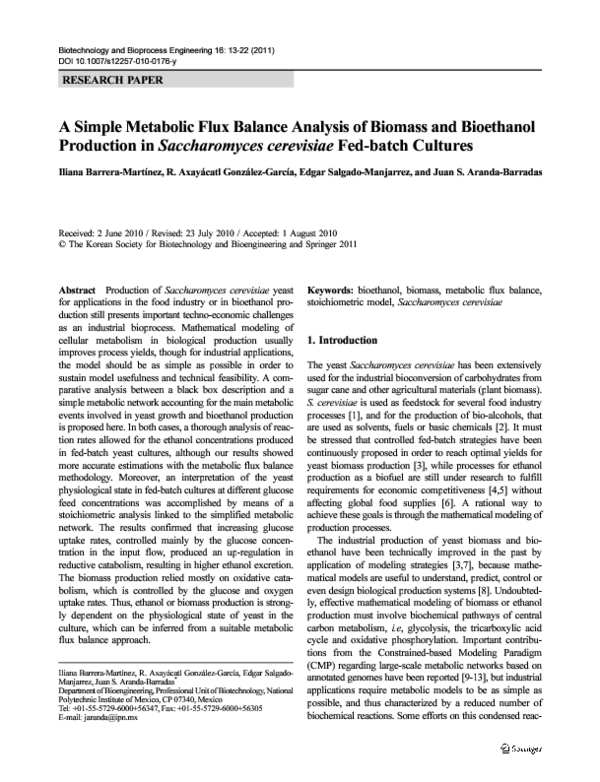 (PDF) A simple metabolic flux balance analysis of biomass and ...