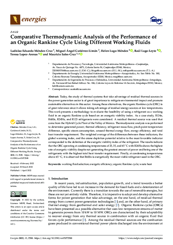 (PDF) Comparative Thermodynamic Analysis of the Performance of an Organic Rankine Cycle Using ...