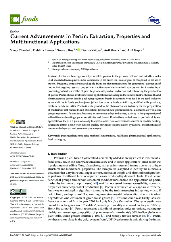 Pdf Current Advancements In Pectin Extraction Properties And