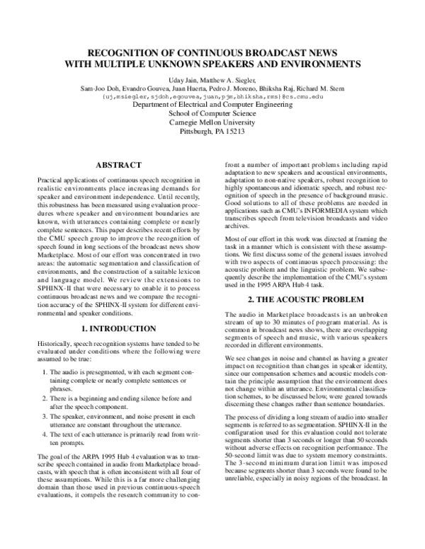 (PDF) Recognition of continuous broadcast news with multiple unknown speakers and environments