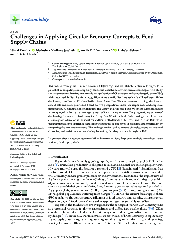 (PDF) Challenges in Applying Circular Economy Concepts to Food Supply ...