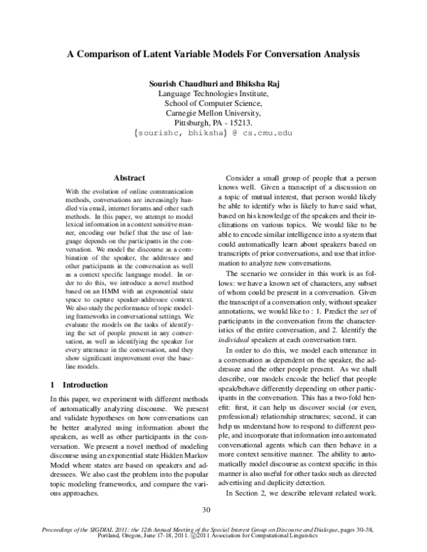 Pdf A Comparison Of Latent Variable Models For Conversation Analysis