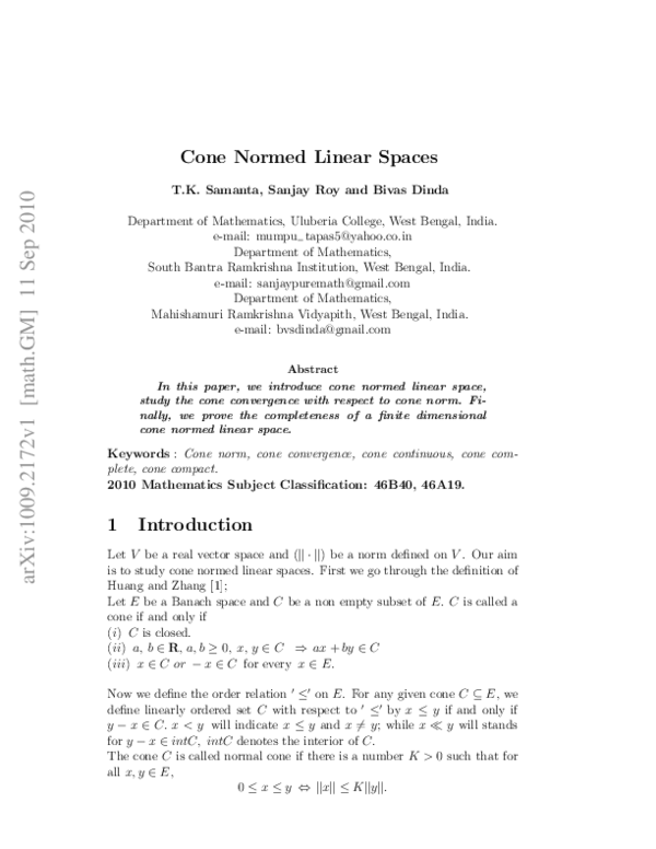 (PDF) Cone Normed Linear Spaces