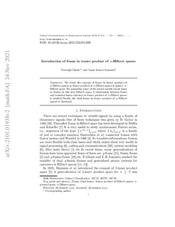 Pdf Introduction Of Frame In Tensor Product Of N Hilbert Spaces Tapas Kumar Samanta