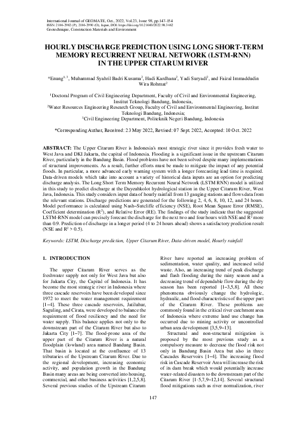 Pdf Hourly Discharge Prediction Using Long Short Term Memory Recurrent Neural Network Lstm