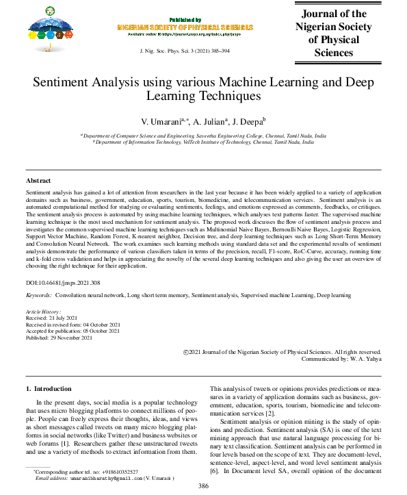 Pdf Sentiment Analysis Using Various Machine Learning And Deep Learning Techniques 2460