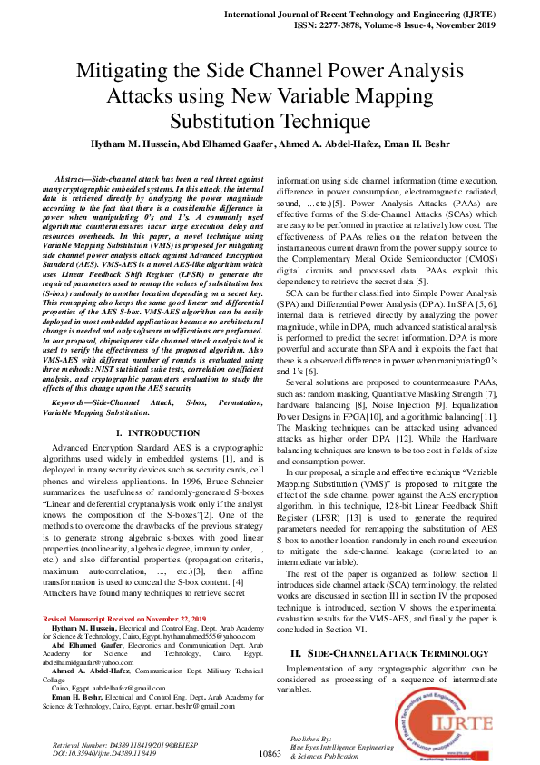(PDF) Mitigating the Side Channel Power Analysis Attacks using New Variable Mapping Substitution ...