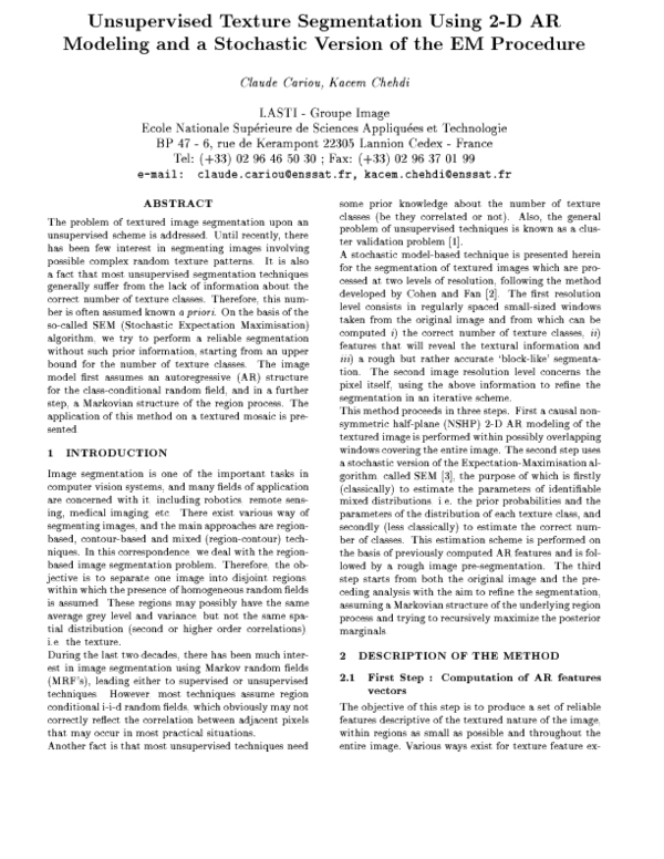(PDF) Unsupervised Texture Segmentation Using 2-D Ar Modeling And A Stochastic Version Of The Em ...