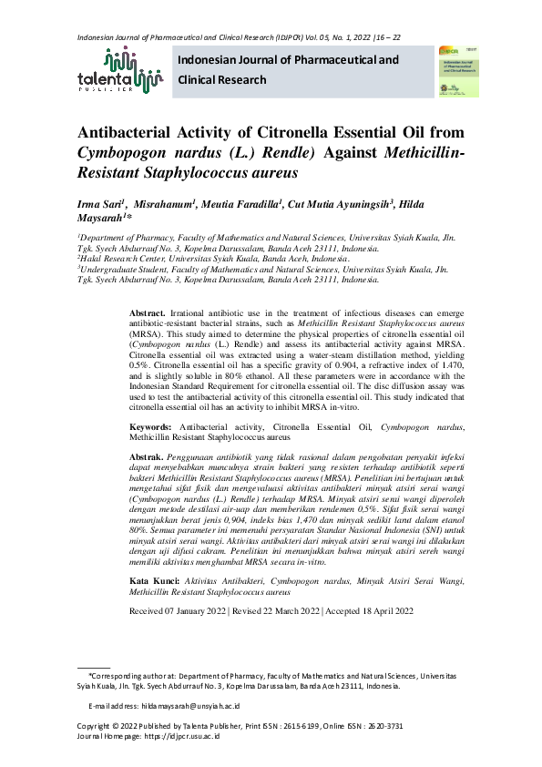 (PDF) Antibacterial Activity of Citronella Essential Oil from Cymbopogon nardus (L.) Rendle ...