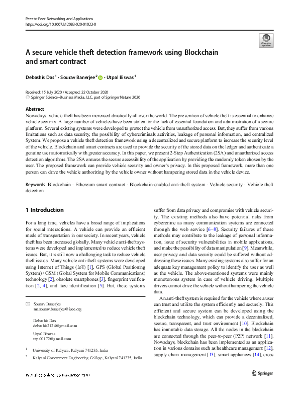 Pdf A Secure Vehicle Theft Detection Framework Using Blockchain And Smart Contract Sourav