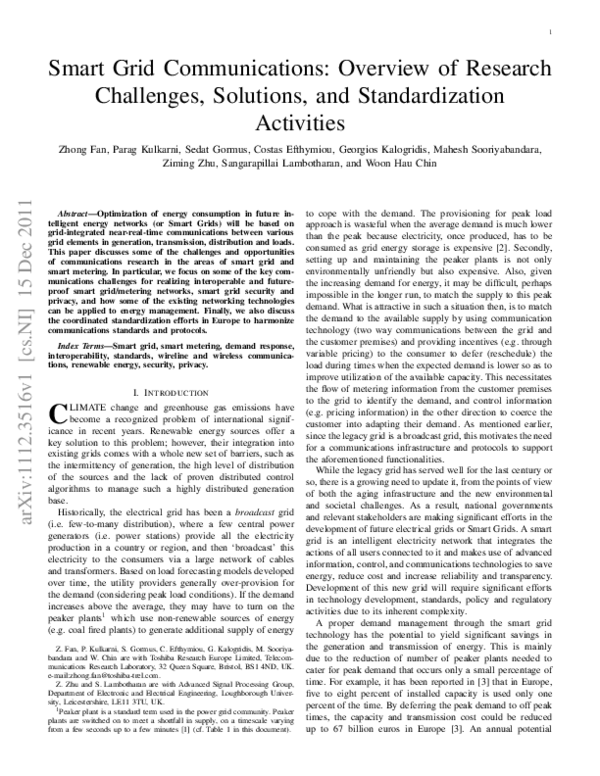 Pdf Smart Grid Communications Overview Of Research Challenges Solutions And Standardization