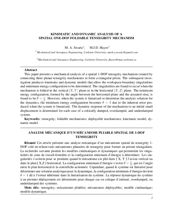(PDF) Kinematic and Dynamic Analysis of a Spatial One-Dof Foldable Tensegrity Mechanism