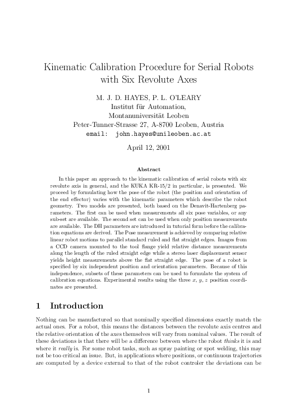 Pdf Kinematic Calibration For Six Axis Robots 