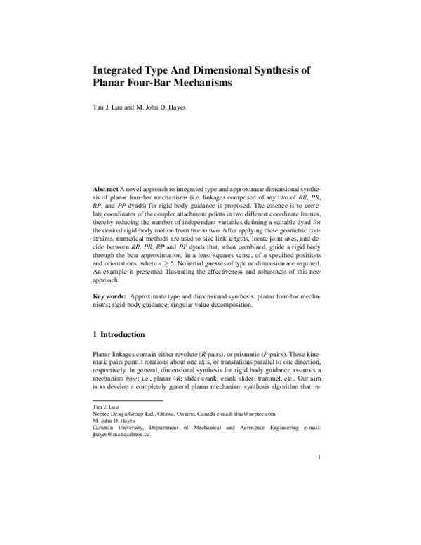 (PDF) Integrated Type and Dimensional Synthesis of Planar Four-Bar Mechanisms