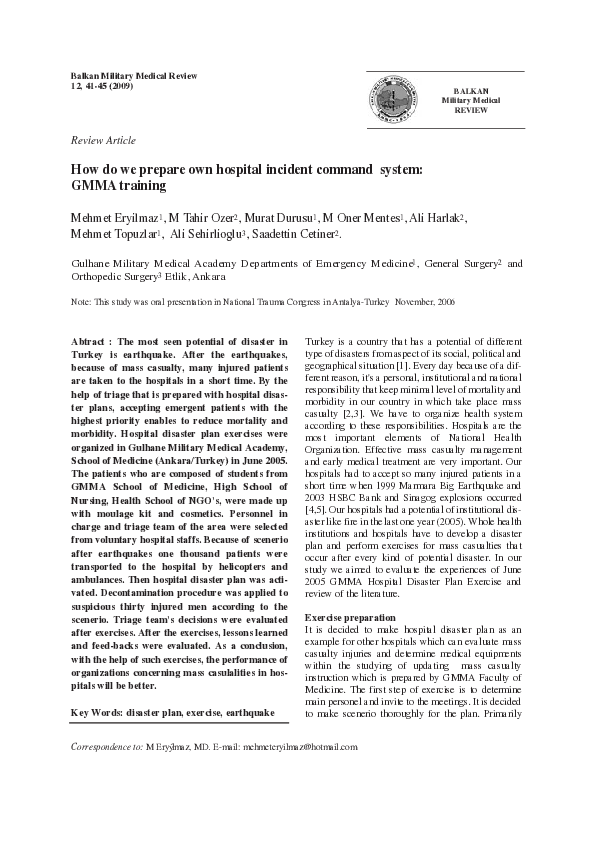 (PDF) How do we prepare own hospital incident command system: GMMA training