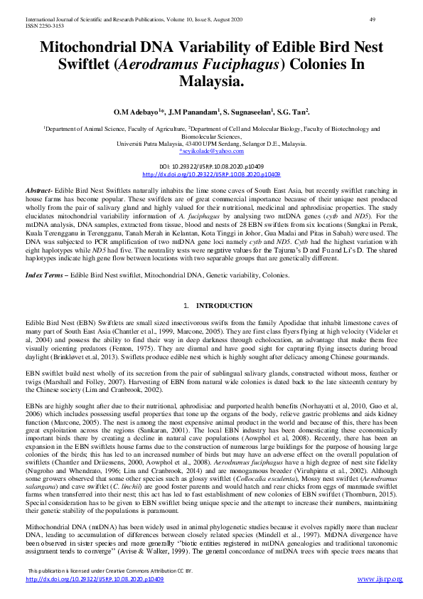 (PDF) Mitochondrial DNA Variability of Edible Bird Nest Swiftlet ...