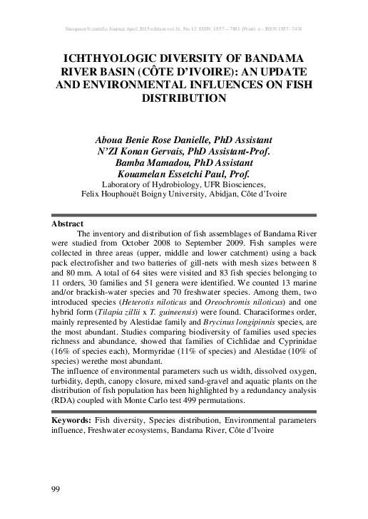 (PDF) Ichthyologic Diversity of Bandama River Basin (Côte D’Ivoire): An ...
