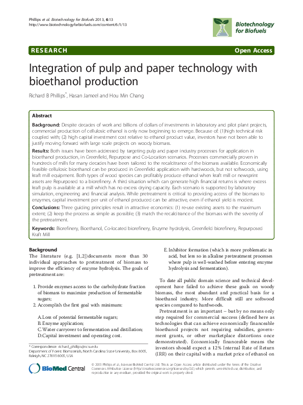 (PDF) Integration of pulp and paper technology with bioethanol production