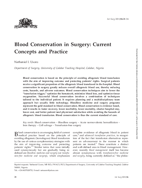 (PDF) Blood Conservation in Surgery: Current Concepts and Practice