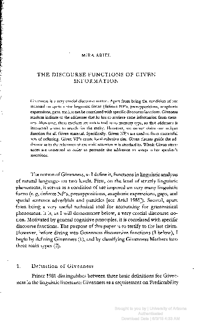 Pdf The Discourse Functions Of Given Information