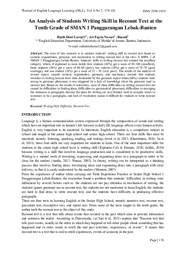 (PDF) An Analysis of Students Writing Skill in Recount Text at the Tenth Grade of SMAN 1 ...