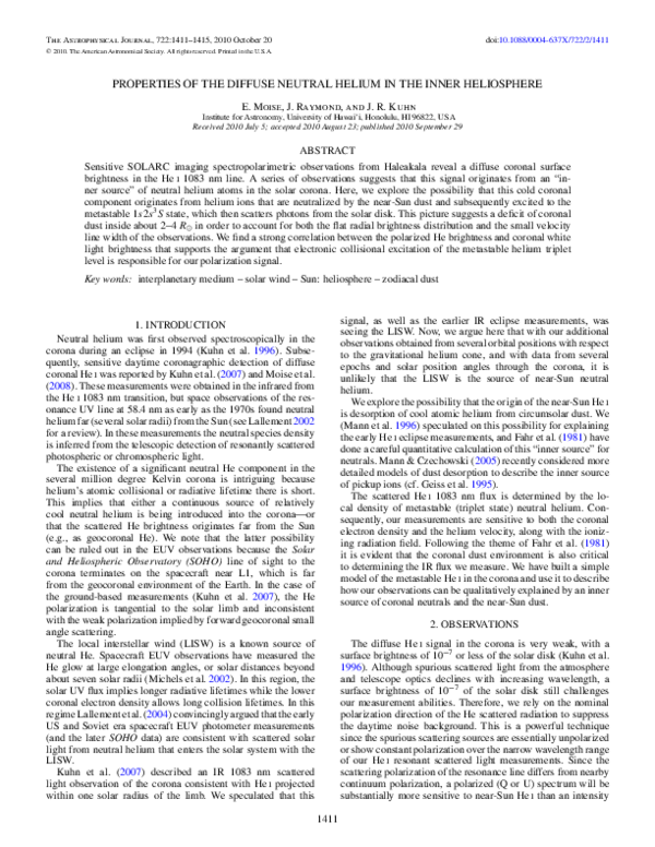(PDF) Properties of the Diffuse Neutral Helium in the Inner Heliosphere