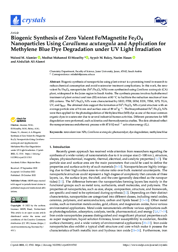 (PDF) Biogenic Synthesis of Zero Valent Fe/Magnetite Fe3O4 Nanoparticles Using Caralluma ...