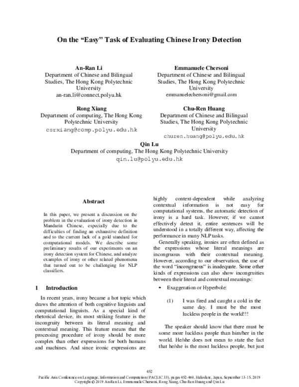 (PDF) On the “Easy” Task of Evaluating Chinese Irony Detection