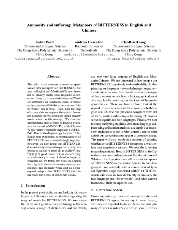 (PDF) Animosity and suffering: Metaphors of BITTERNESS in English and ...