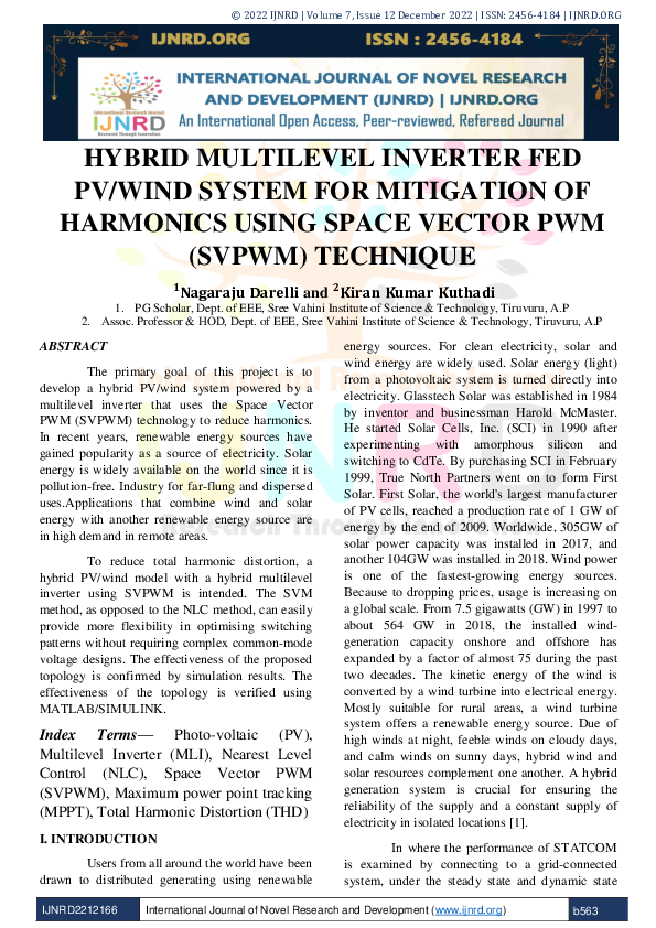(PDF) HYBRID MULTILEVEL INVERTER FED PV/WIND SYSTEM FOR MITIGATION OF HARMONICS USING SPACE ...