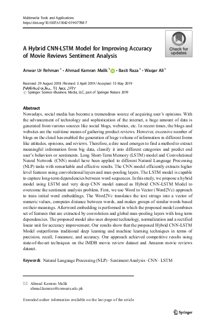 Pdf A Hybrid Cnn Lstm Model For Improving Accuracy Of Movie Reviews Sentiment Analysis