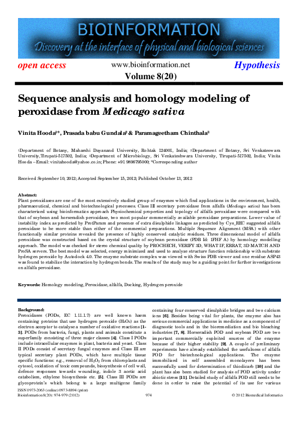(PDF) Sequence analysis and homology modeling of peroxidase from Medicago sativa