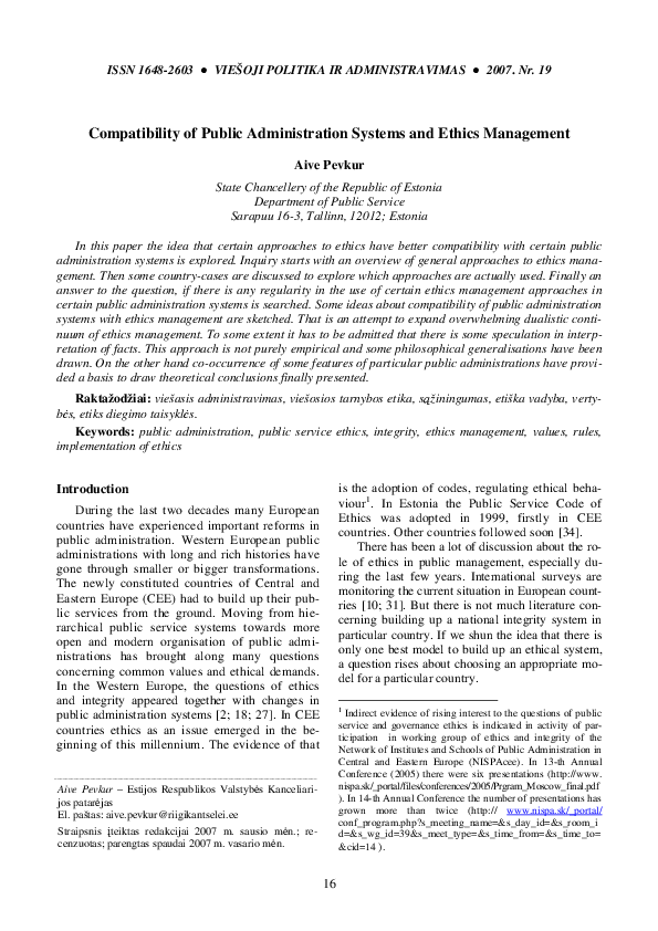(PDF) Compatibility of public administration systems and ethics management