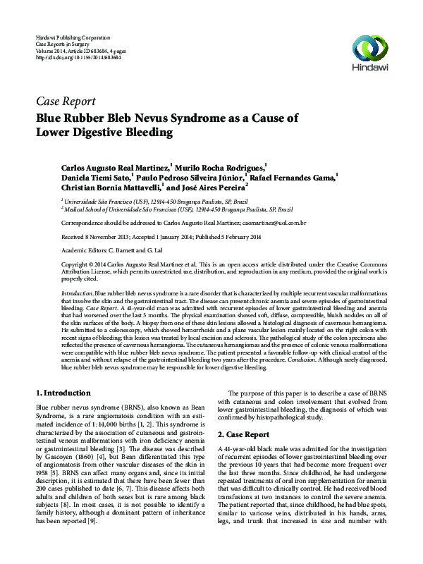 Pdf Blue Rubber Bleb Nevus Syndrome As A Cause Of Lower Digestive Bleeding Carlos Andres