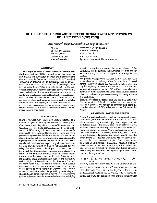 (PDF) The third-order cumulant of speech signals with application to reliable pitch estimation
