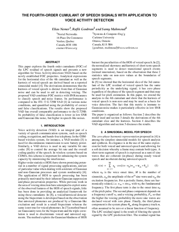 (PDF) The fourth-order cumulant of speech signals with application to voice activity detection
