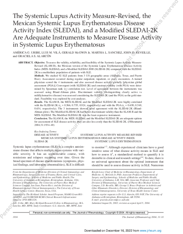 (PDF) The Systemic Lupus Activity Measure-revised, the Mexican Systemic ...