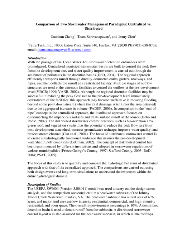 (PDF) Comparison of Two Stormwater Management Paradigms : Centralized ...