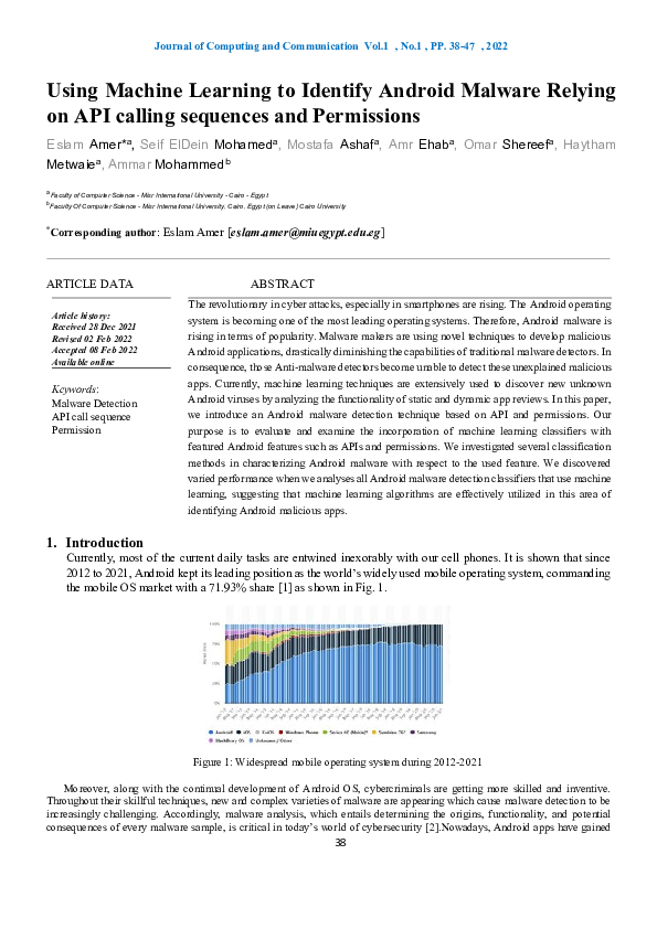 (PDF) Using Machine Learning to Identify Android Malware Relying on API calling sequences and ...