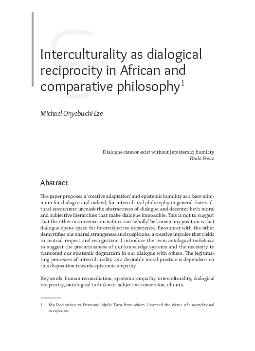 (PDF) Interculturality as dialogical reciprocity in African and comparative philosophy 1