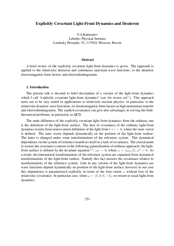 Pdf Covariant Light Front Dynamics And Deuteron Vladimir Karmanov
