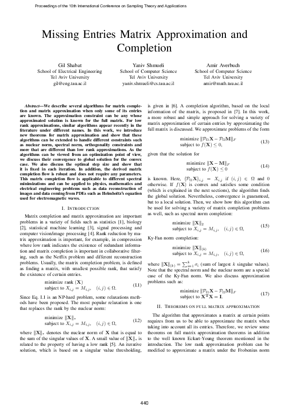 (PDF) Missing Entries Matrix Approximation And Completion