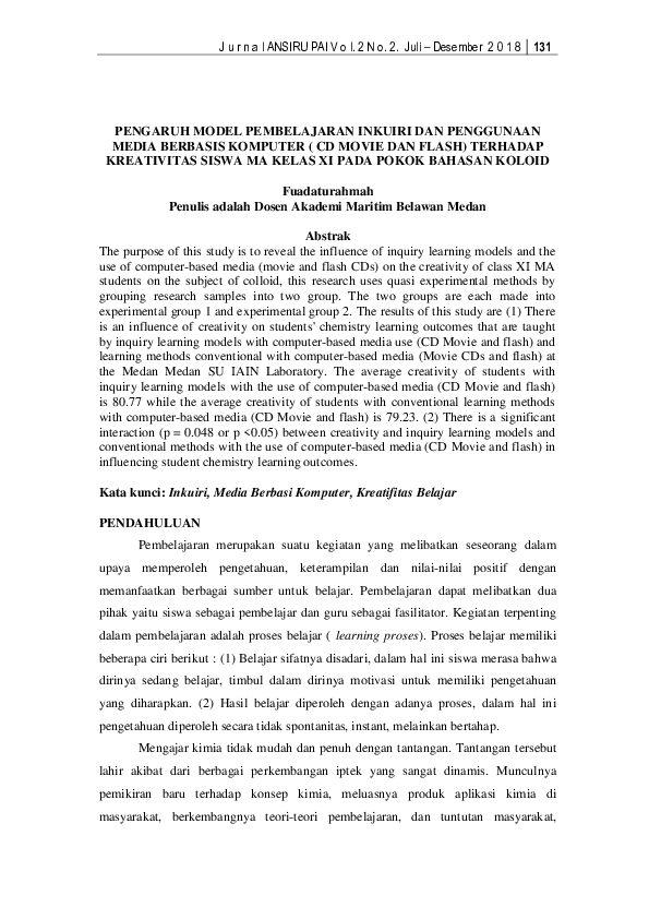 (PDF) Pengaruh Model Pembelajaran Inkuiri Dan Penggunaan Media Berbasis Komputer ( CD Movie Dan ...
