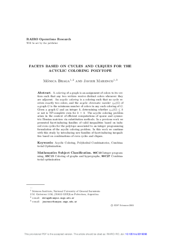 (PDF) Facets based on cycles and cliques for the acyclic coloring polytope