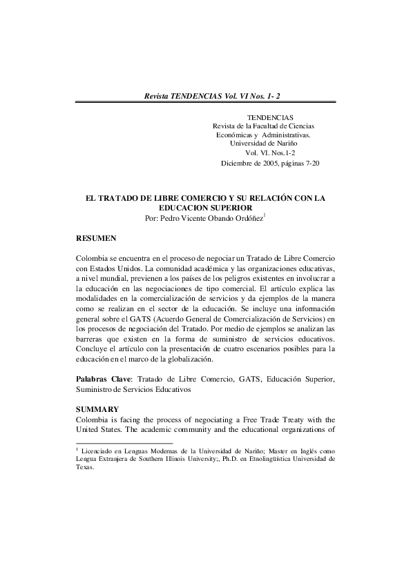 (PDF) El Tratado De Libre Comercio y Su Relación Con La Educacion Superior